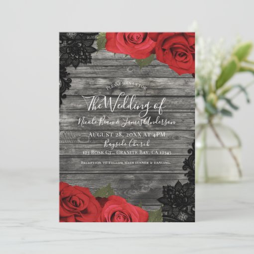 Red Roses Rustic Wood Black Lace Wedding Invitation | Zazzle