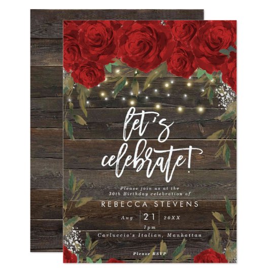red roses rustic wood let's celebrate birthday invitation | Zazzle.com