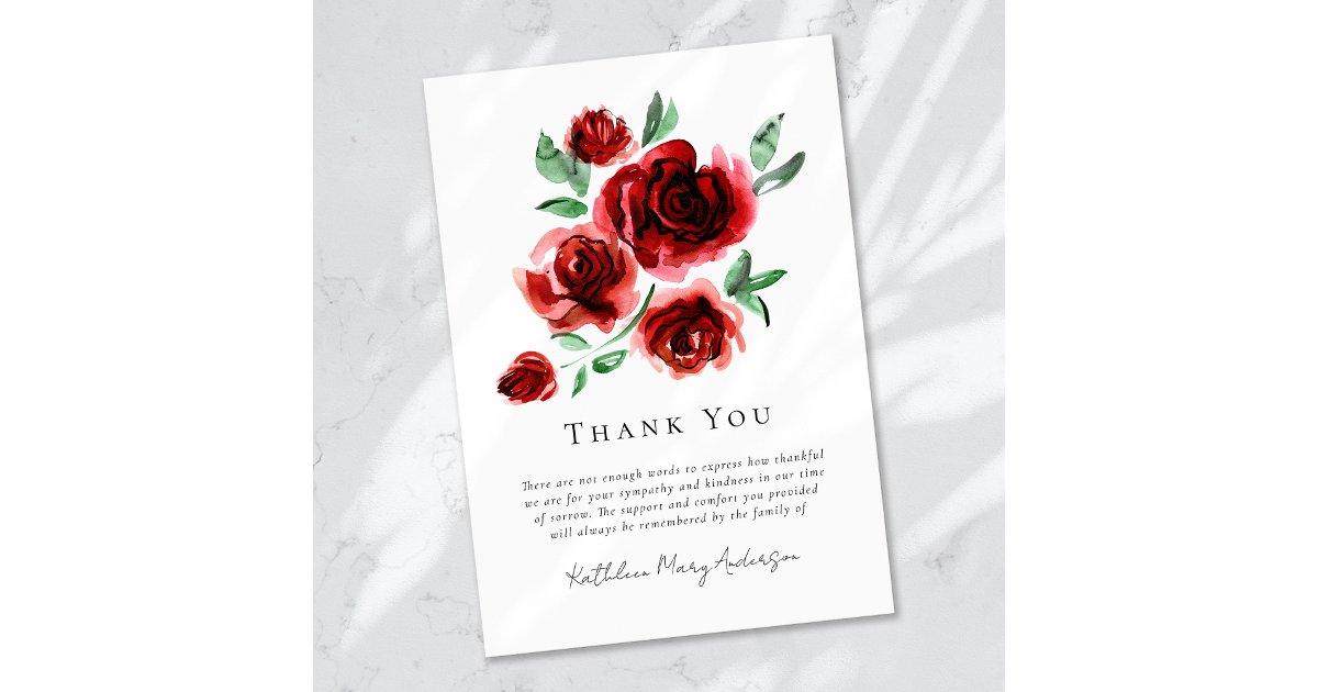 Red Roses Sympathy Funeral Thank You Card | Zazzle