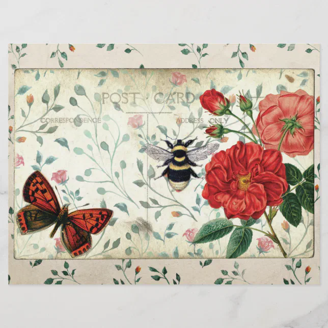 Red Roses Vintage Postcard Scrapbook Paper | Zazzle
