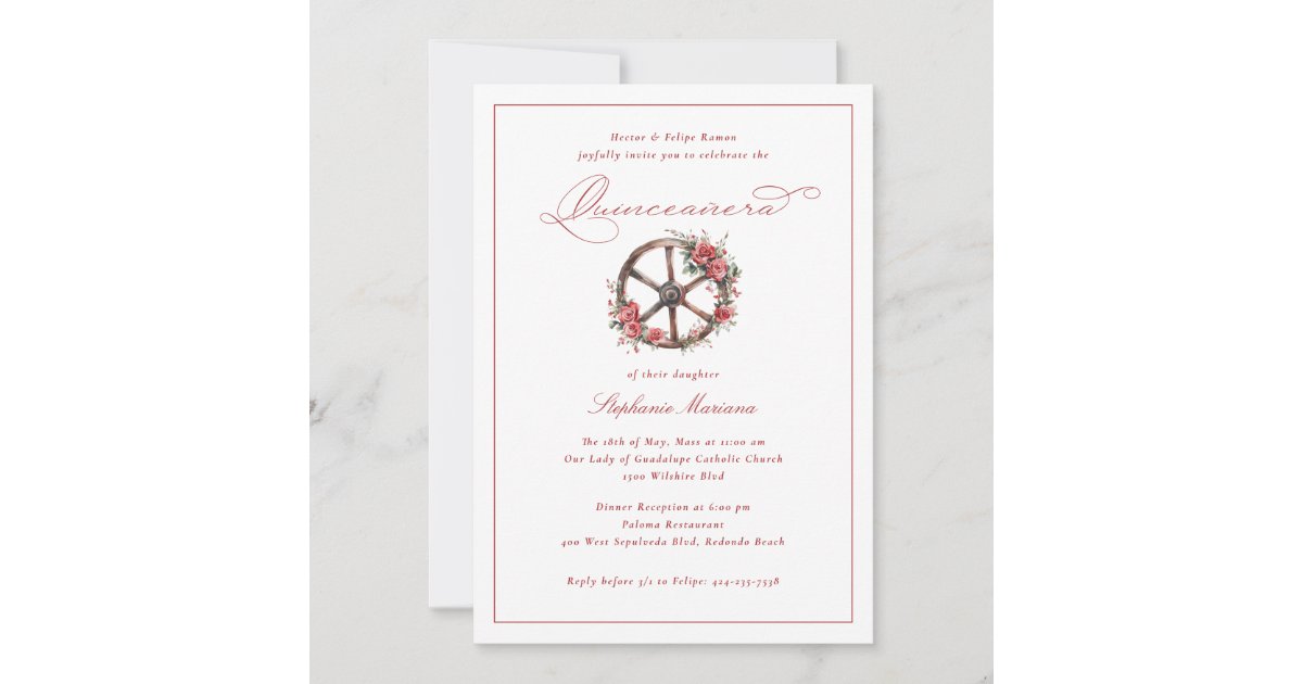 Red Roses wagon Wheel Elegant Charro Quinceañera Invitation | Zazzle