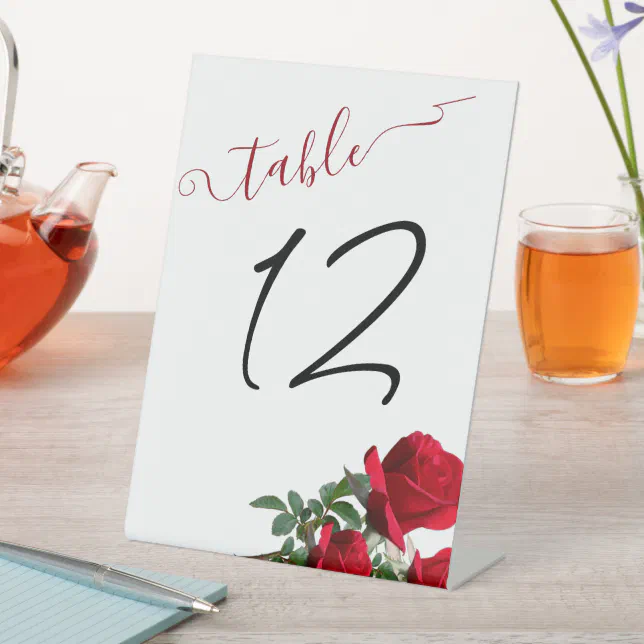 Red Roses Wedding Reception Table Number Pedestal Sign | Zazzle