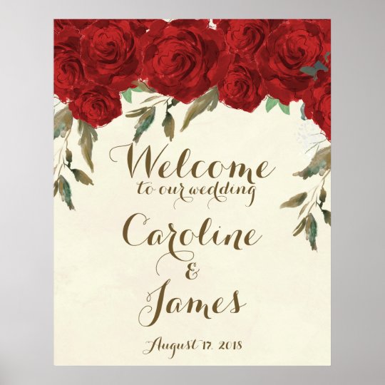 Red roses wedding welcome reception sign poster | Zazzle.com