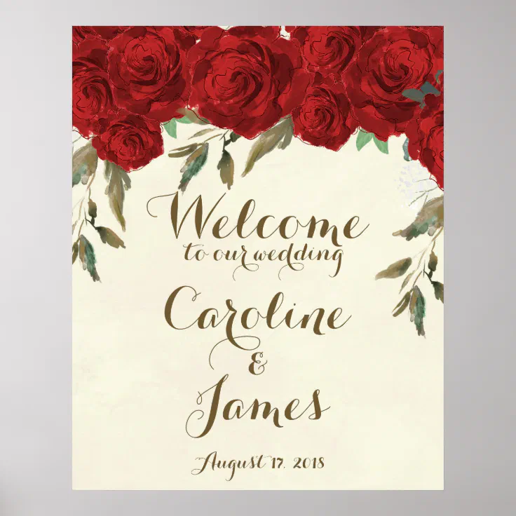 Red roses wedding welcome reception sign poster | Zazzle