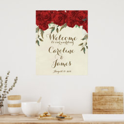 Red roses wedding welcome reception sign poster | Zazzle