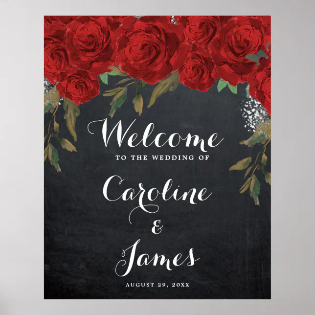 Red roses wedding welcome reception sign poster | Zazzle