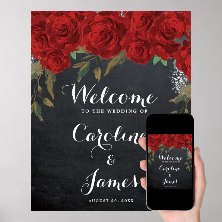 Red roses wedding welcome reception sign poster | Zazzle