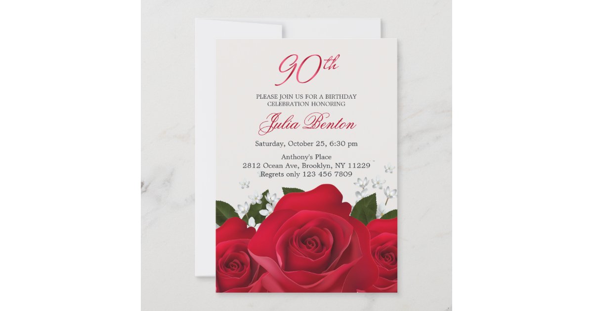 Red roses, white flowers 90th Birthday Invitation | Zazzle