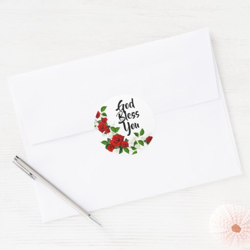 Red Roses white flowers God Bless You Classic Round Sticker | Zazzle