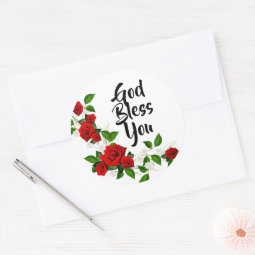 Red Roses white flowers God Bless You Classic Round Sticker | Zazzle
