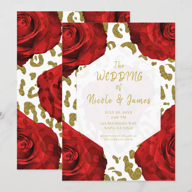 Red Roses White Gold Cheetah Leopard Chic Wedding Invitation | Zazzle