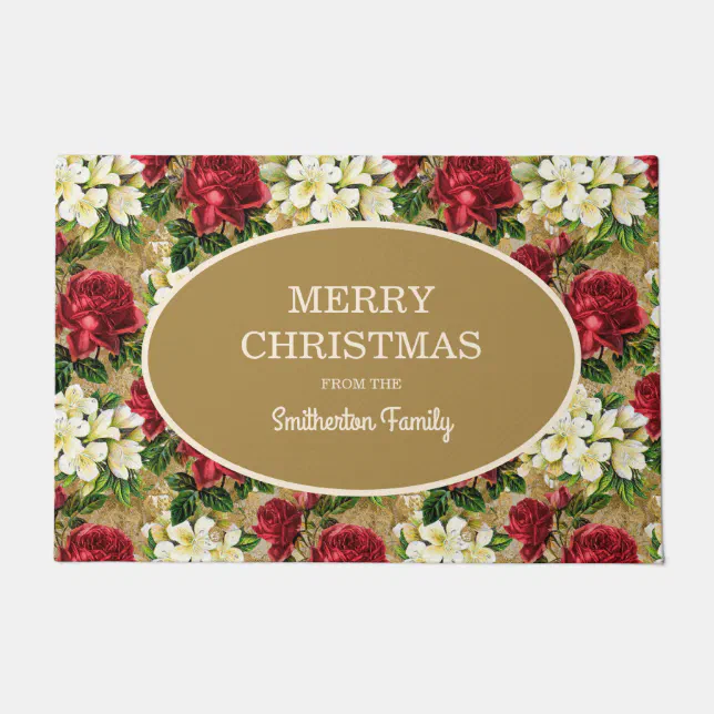 Red Roses White Lilies Merry Christmas Family Name Doormat | Zazzle