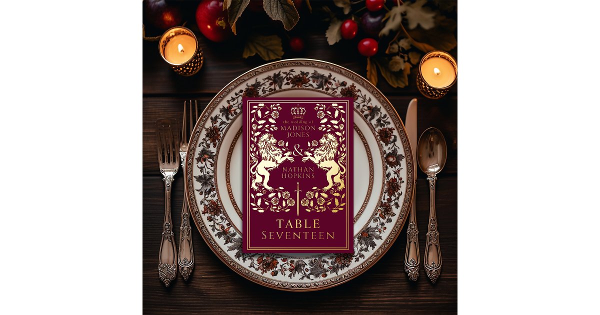 Red Royal Medieval Lion Wedding Foil Table Card | Zazzle