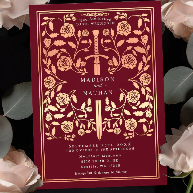 Red Royal Medieval Rose Gold Sword Wedding Invitation | Zazzle
