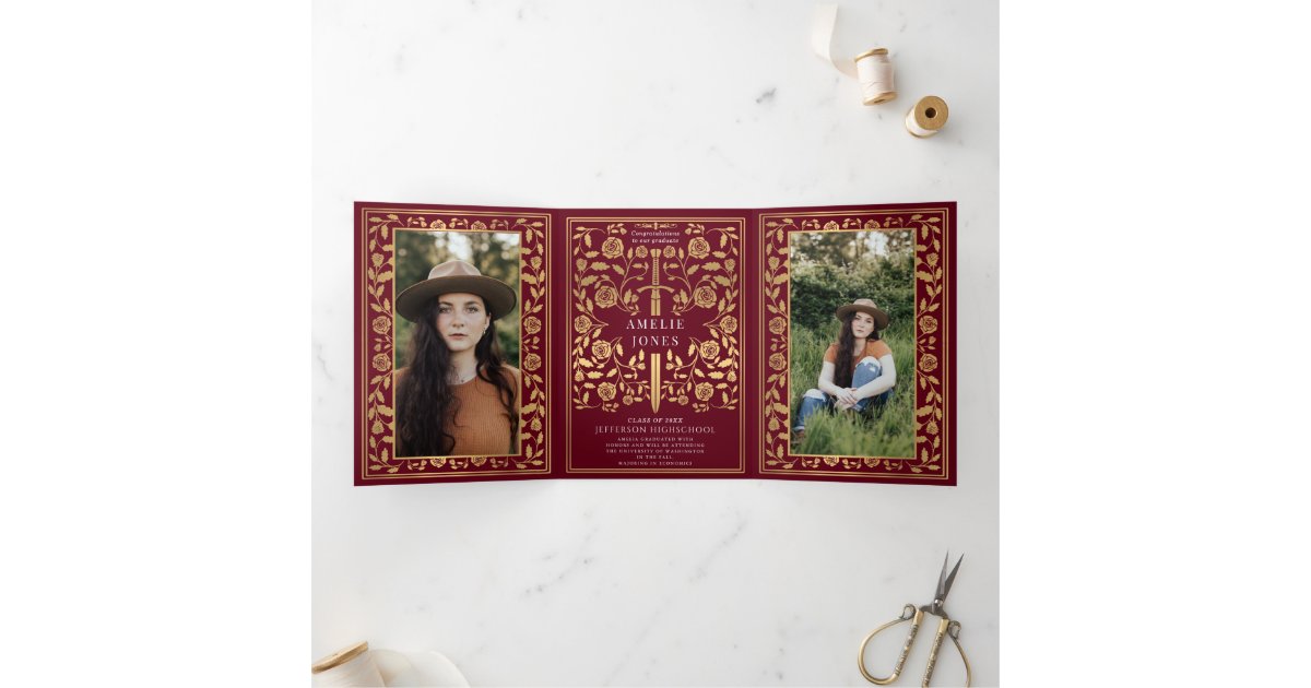 Red Royal Medieval Sword Photo Graduation Party Tri-Fold Invitation ...