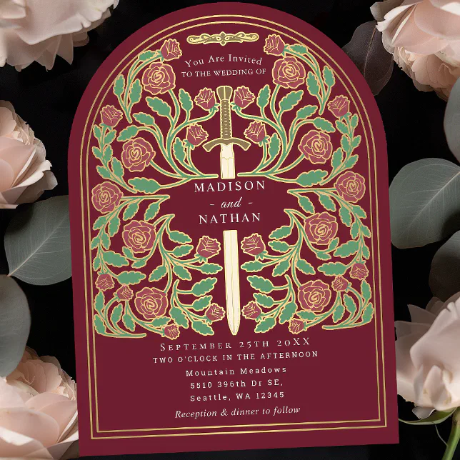 Red Royal Medieval Sword Wedding Arch Invitation | Zazzle