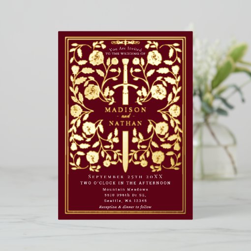 Red Royal Medieval Sword Wedding Foil Invitation | Zazzle