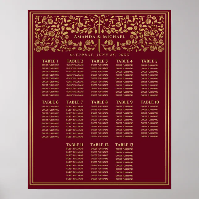 Red Royal Medieval Sword Wedding Seating Chart | Zazzle