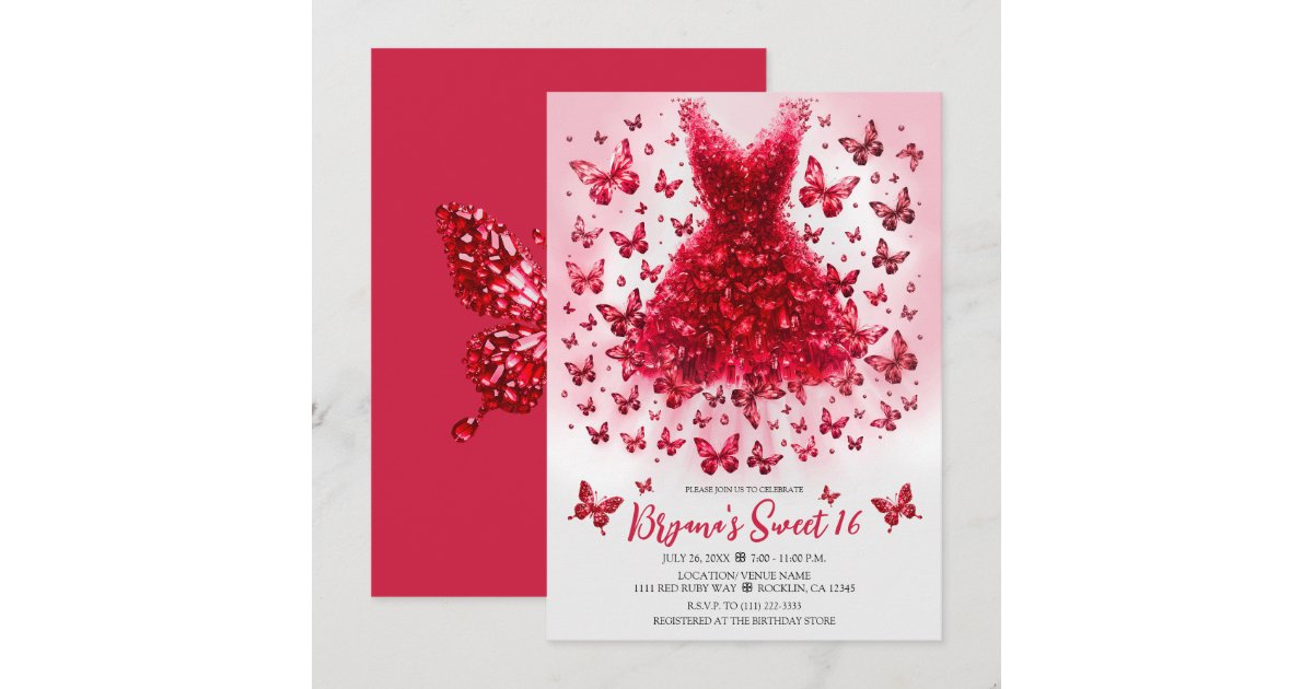 Red Ruby Crystal Butterfly Dress July Birthstone Invitation | Zazzle