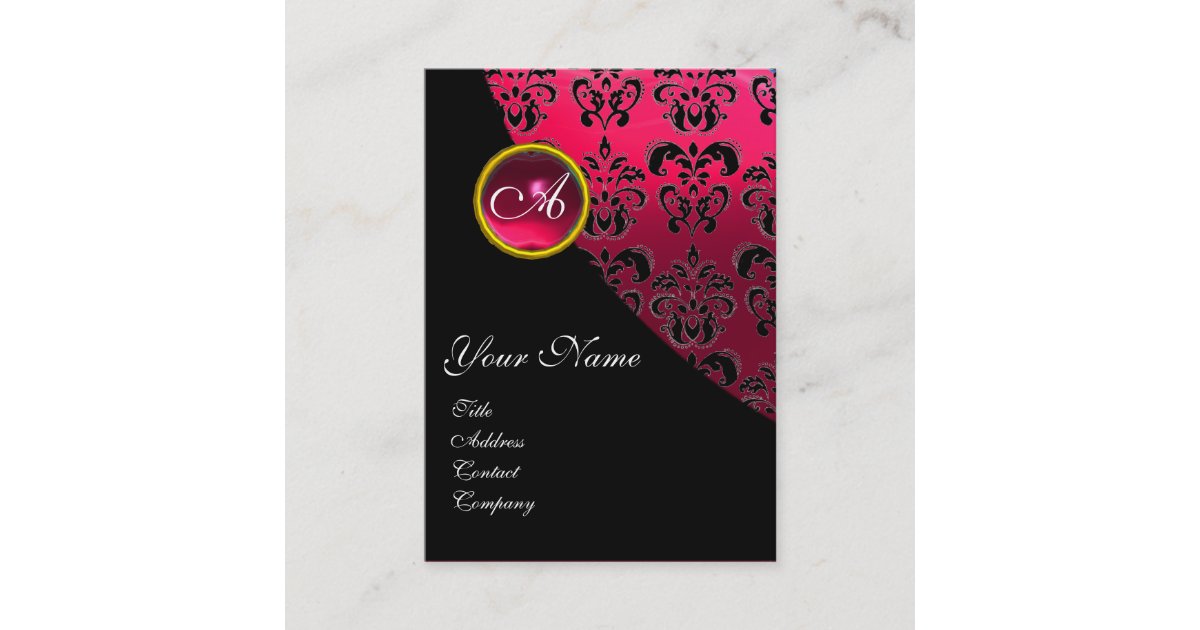 RED RUBY DAMASK MONOGRAM, fuchsia Business Card | Zazzle