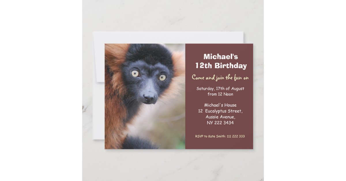 Red Ruffed Lemur Birthday Party Invitation | Zazzle
