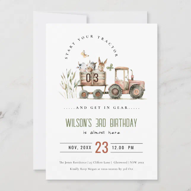 Red Rust Farm Animals Tractor Kids Birthday Invitation | Zazzle