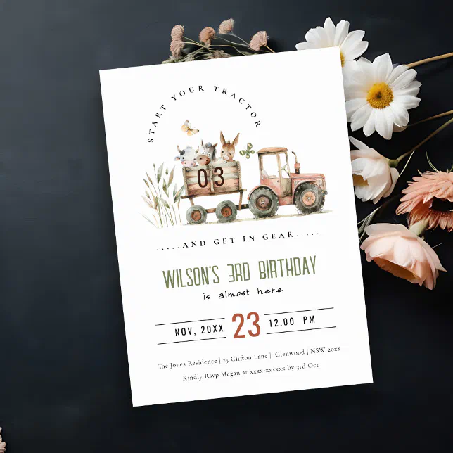 Red Rust Farm Animals Tractor Kids Birthday Invitation | Zazzle