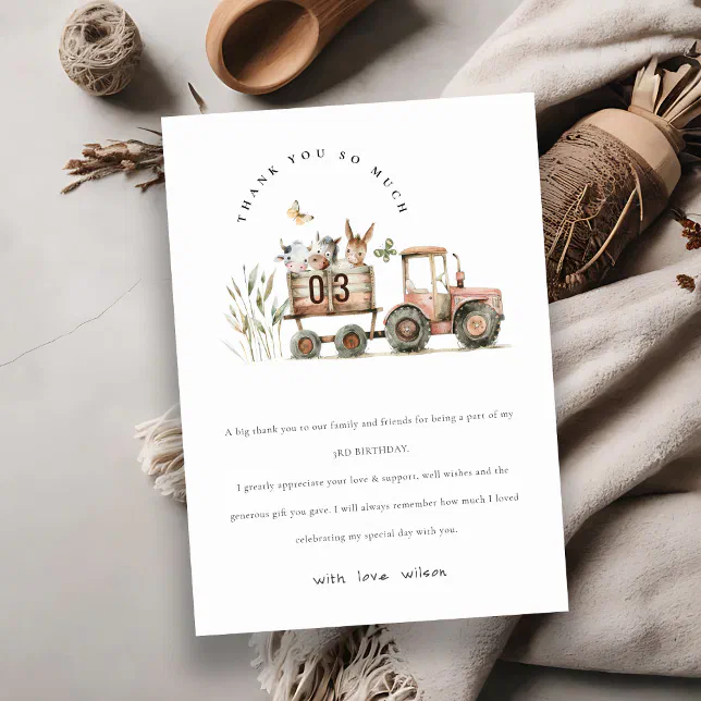 Red Rust Farm Animals Tractor Kids Birthday Thank You Card | Zazzle
