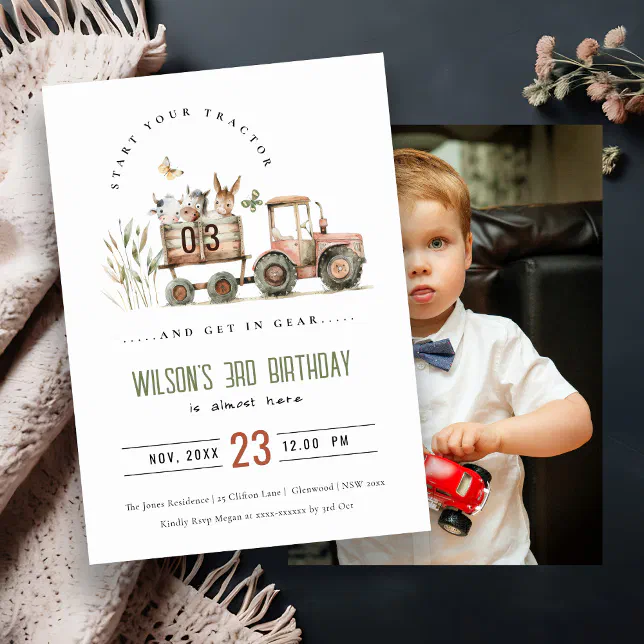 Red Rust Farm Animals Tractor Kids Photo Birthday Invitation | Zazzle