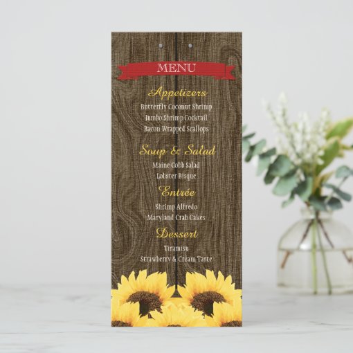 RED RUSTIC SUNFLOWER MENU CARD | Zazzle