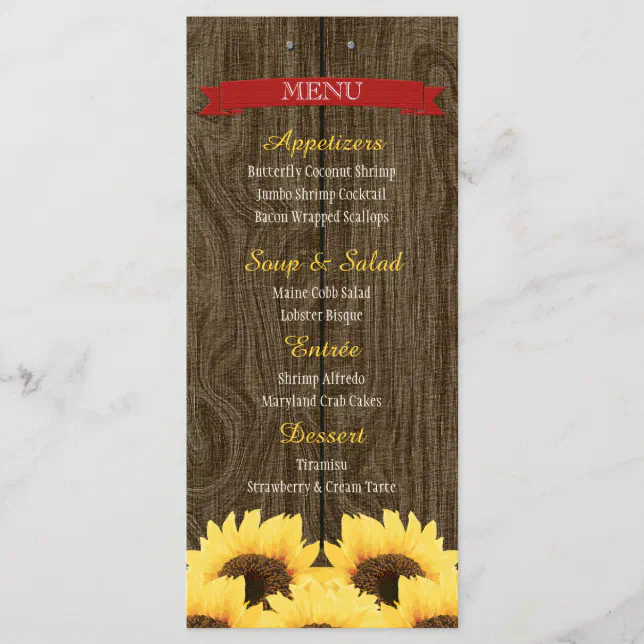 RED RUSTIC SUNFLOWER MENU CARD | Zazzle