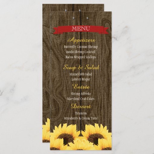 RED RUSTIC SUNFLOWER MENU CARD | Zazzle