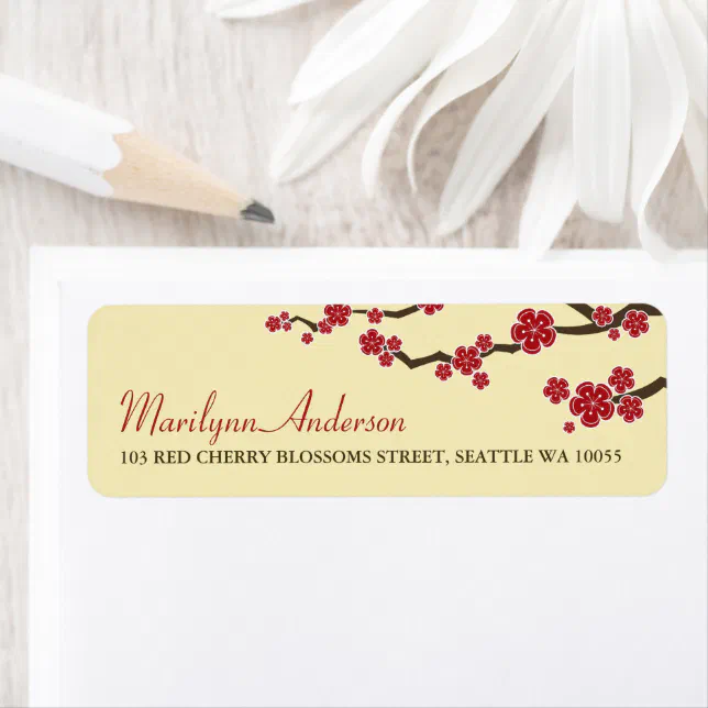 Red Sakura Flowers Cherry Blossoms Asian Wedding Label | Zazzle