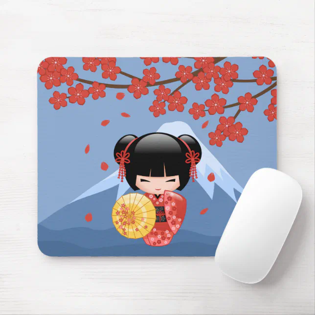 Red Sakura Kokeshi Doll - Cute Geisha Girl Mouse Pad | Zazzle