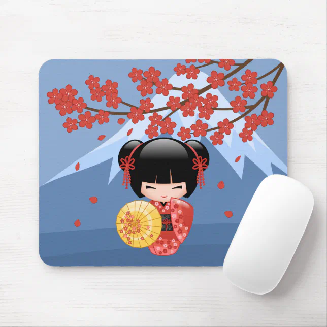 Red Sakura Kokeshi Doll - Cute Geisha Girl Mouse Pad | Zazzle