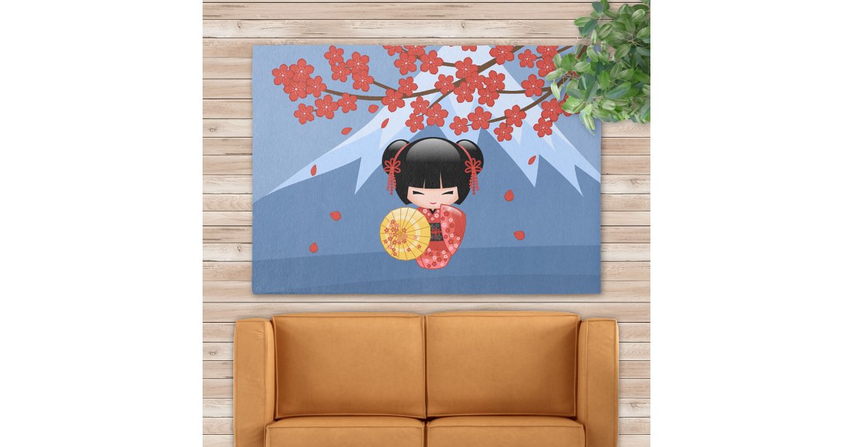 Red Sakura Kokeshi Doll - Cute Geisha Girl Rug | Zazzle