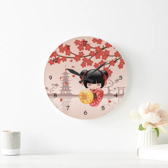 Red Sakura Kokeshi Doll - Japanese Geisha Large Clock | Zazzle