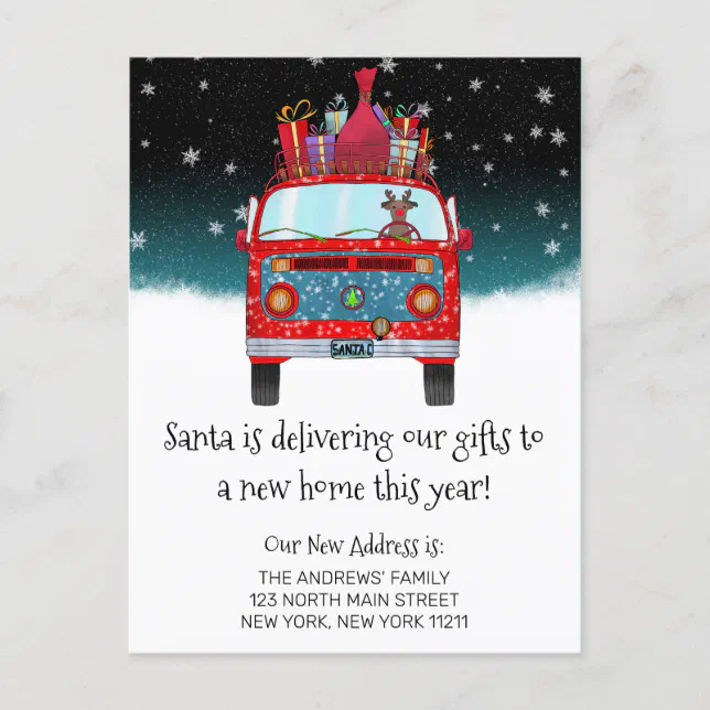 Red Santa Van Reindeer Dog Snow Christmas Moving Announcement Postcard ...