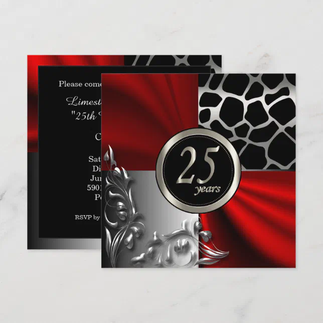 Red Satin & Silver 25 Year Party Invitation | Zazzle