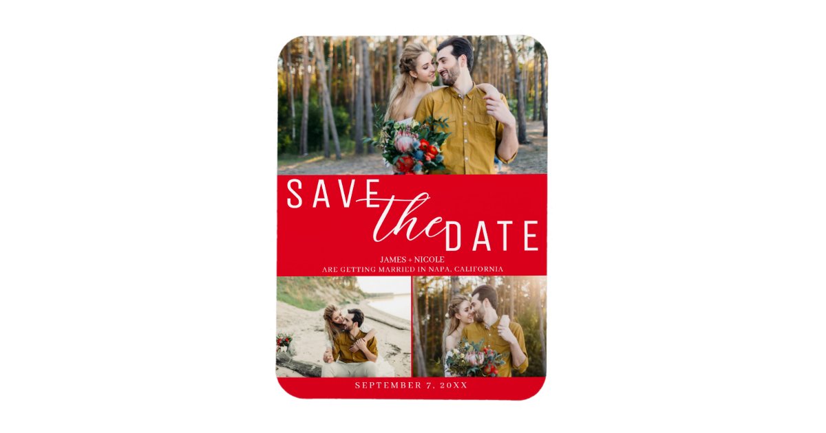 Red Save the Date Wedding 3 Photos Magnet | Zazzle