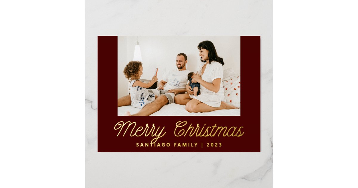Red Script Calligraphy Family Photo Christmas Foil Holiday Card | Zazzle