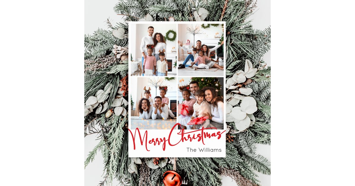 Red Script Merry Christmas Vertical 7 Photo Holiday Card | Zazzle