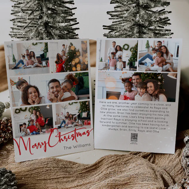 Red Script Merry Christmas Vertical Nine Photo Holiday Card | Zazzle