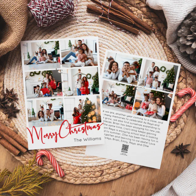Red Script Merry Christmas Vertical Ten Photo Holiday Card | Zazzle