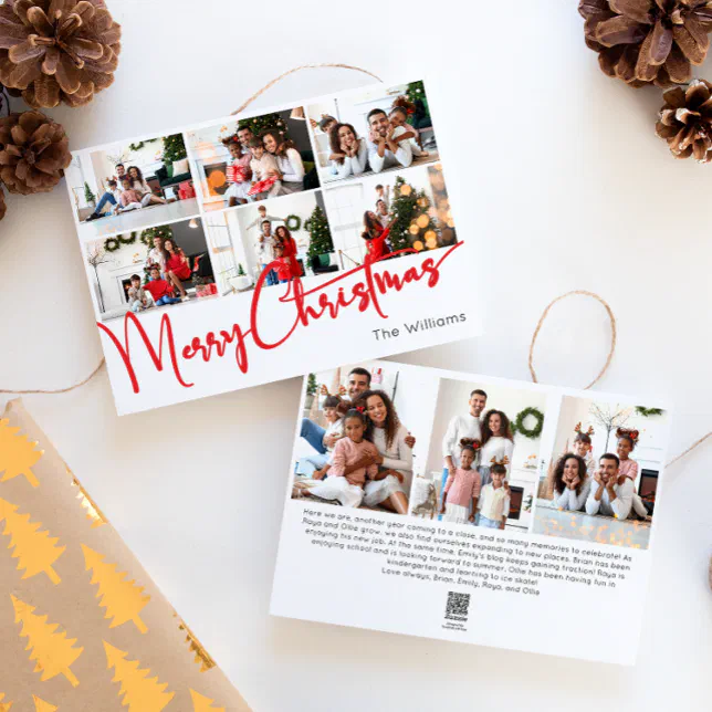 Red Script Merry Christmas Year In Review 9 Photo Holiday Card | Zazzle