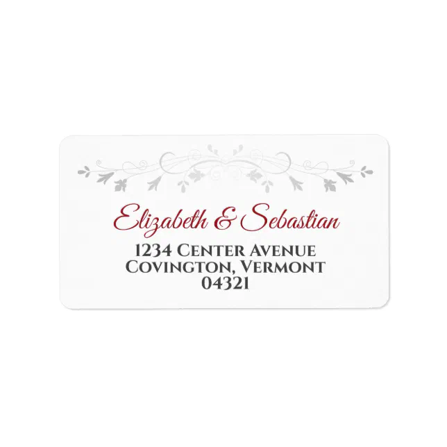 Red Script with Silver Filigree on White Address Label | Zazzle