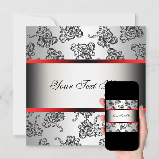 Red Silver Black Damask Party Invitation Template | Zazzle