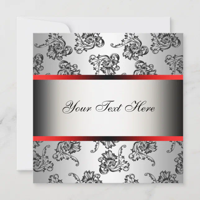Red Silver Black Damask Party Invitation Template | Zazzle
