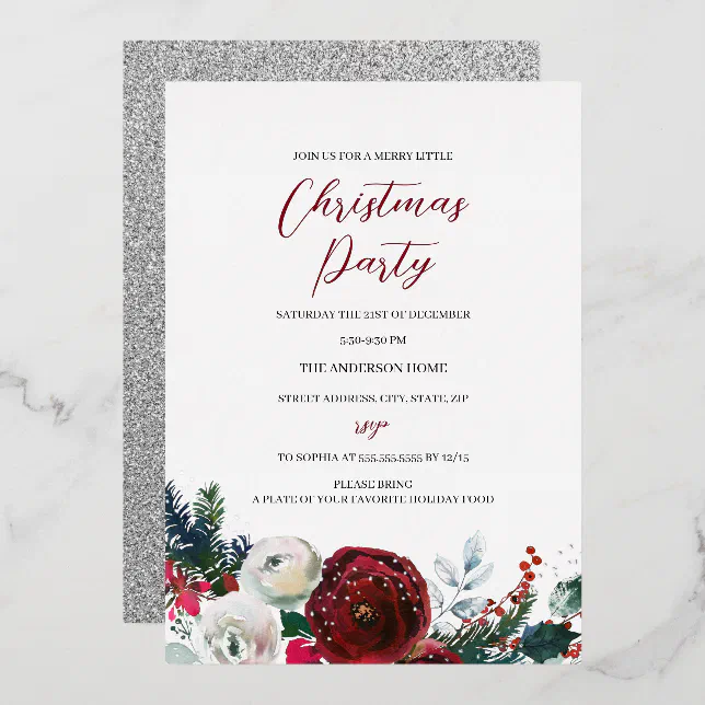 Red Silver Festive Foliage Christmas Party Foil Invitation | Zazzle