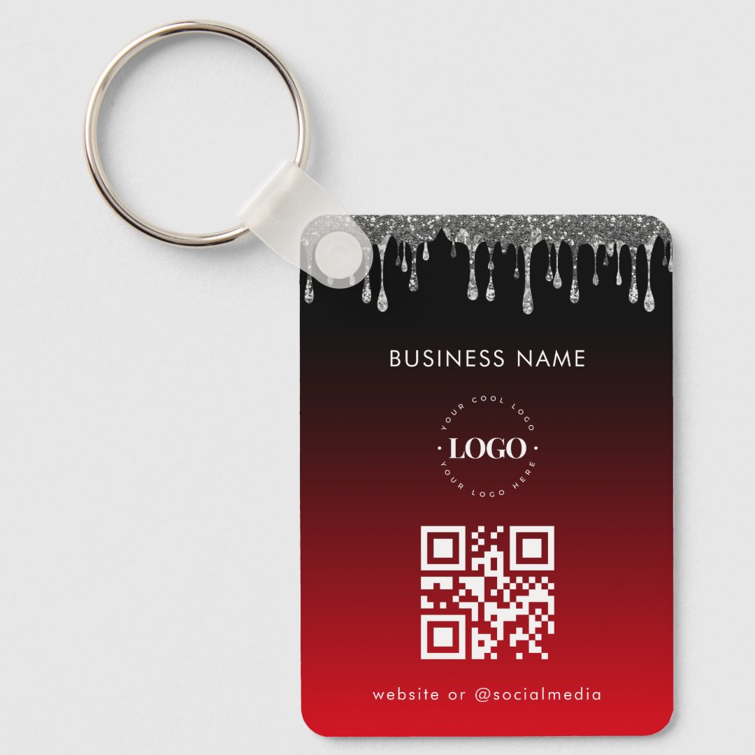 Red Silver Glitter Dripping Company Logo QR Code Keychain | Zazzle